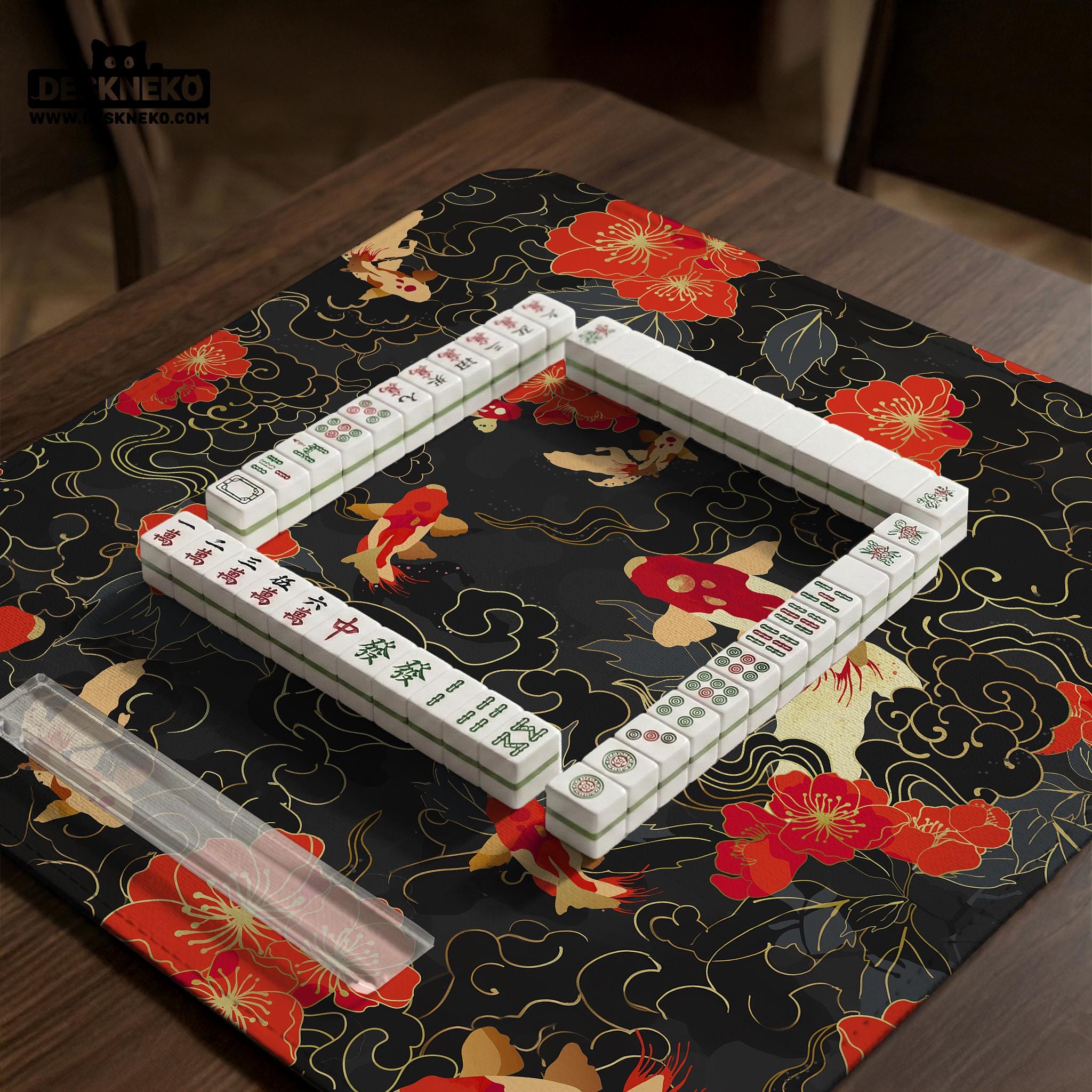 Mahjong Mat, Koi Fish Cherry Blossom Black Gold, Playmat Japanese ...