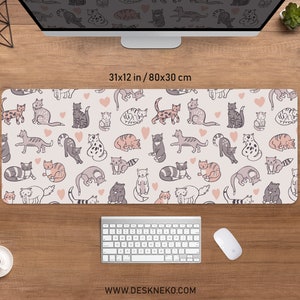 Cute Cats Desk Mat Minimal Mousepad, Beige White Mouse Pad, XXL Gaming ...