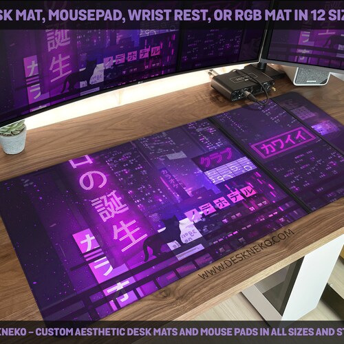 Japanese Desk Mat RGB Neon Tokyo Cat LED Gaming Mousepad With - Etsy