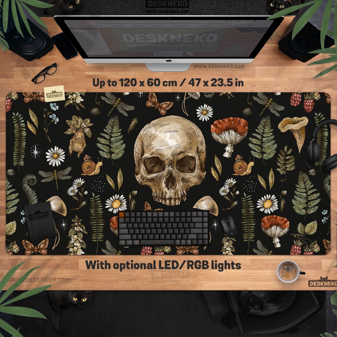Skull Desk Mat Mouse Pad, Cottagecore Deskmat Xl, Black Mushroom Plants ...
