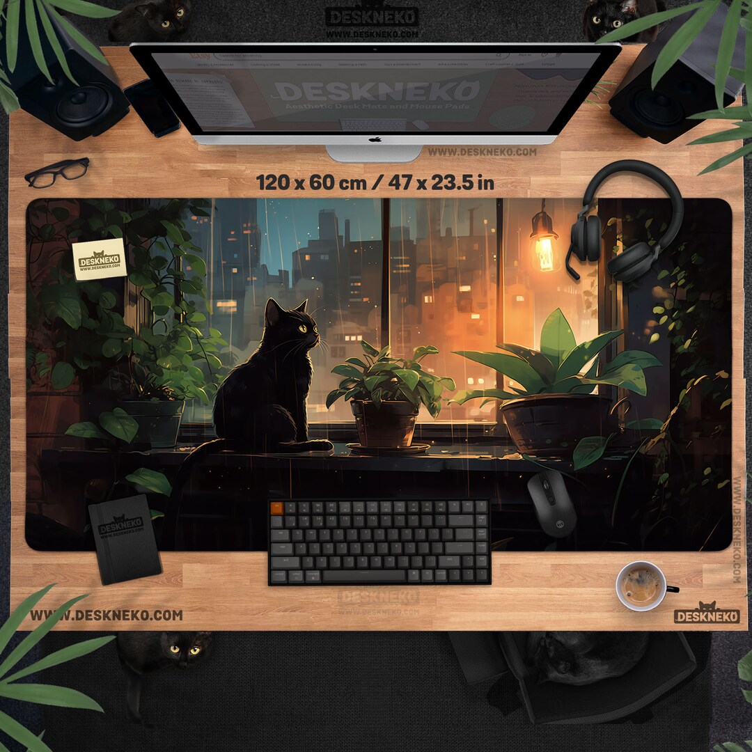 Cat & Plants Desk Mat, Cozy Lofi Mouse Pad, XL Gaming Mousepad Led ...