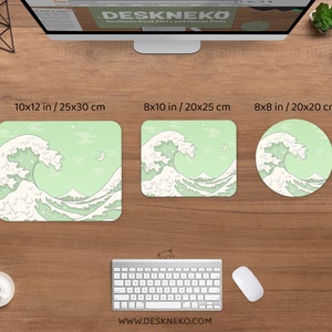 Matcha Green Mousepad Great Wave, Kawaii Desk Mat Japanese Ocean ...