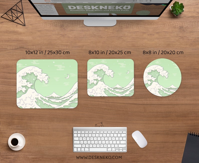 Matcha Green Mousepad Great Wave, Kawaii Desk Mat Japanese Ocean ...