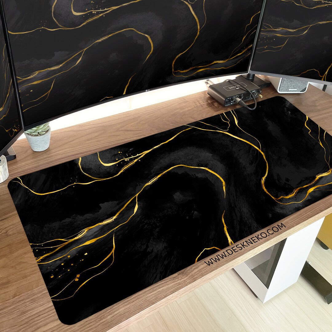 Black Gold Desk Mat, Marble Art Deskmat Xl, Japanese Kintsugi Abstract ...
