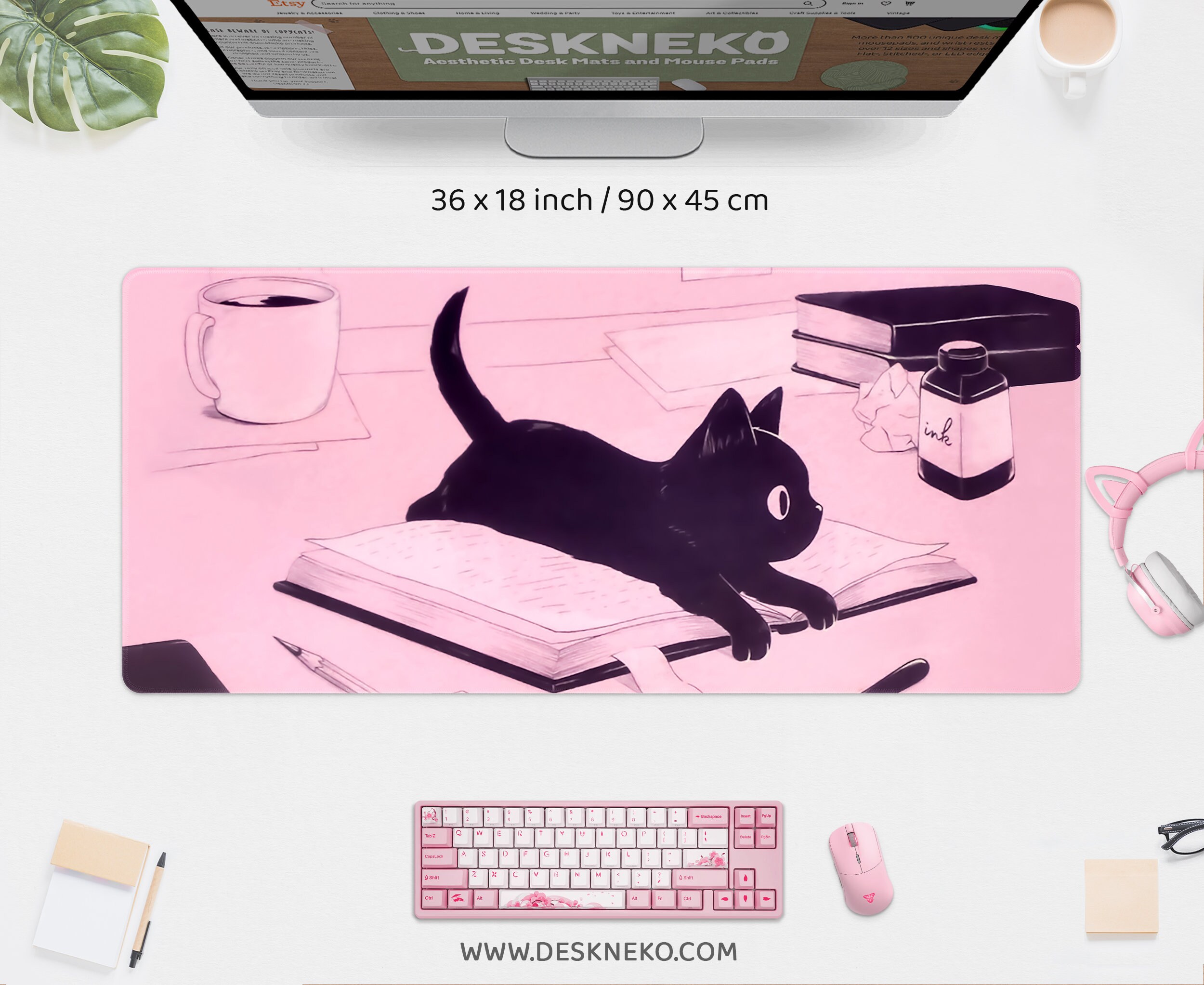 Pink Desk Mat Cute Cat, Aesthetic Mousepad Pastel, Kawaii Manga Anime ...