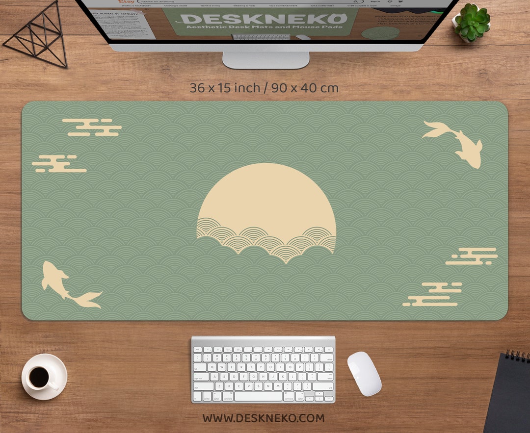 Japanese Desk Mat, Sage Green Mousepad Aesthetic, Clouds Koi Fish Sun ...