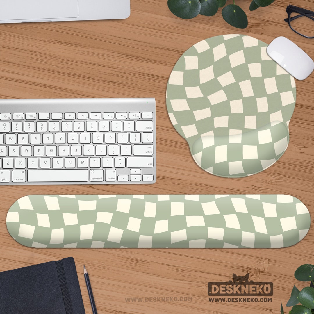 Checkered Mouse Pad With Wrist Rest, Green Groovy Boho Sage Beige ...