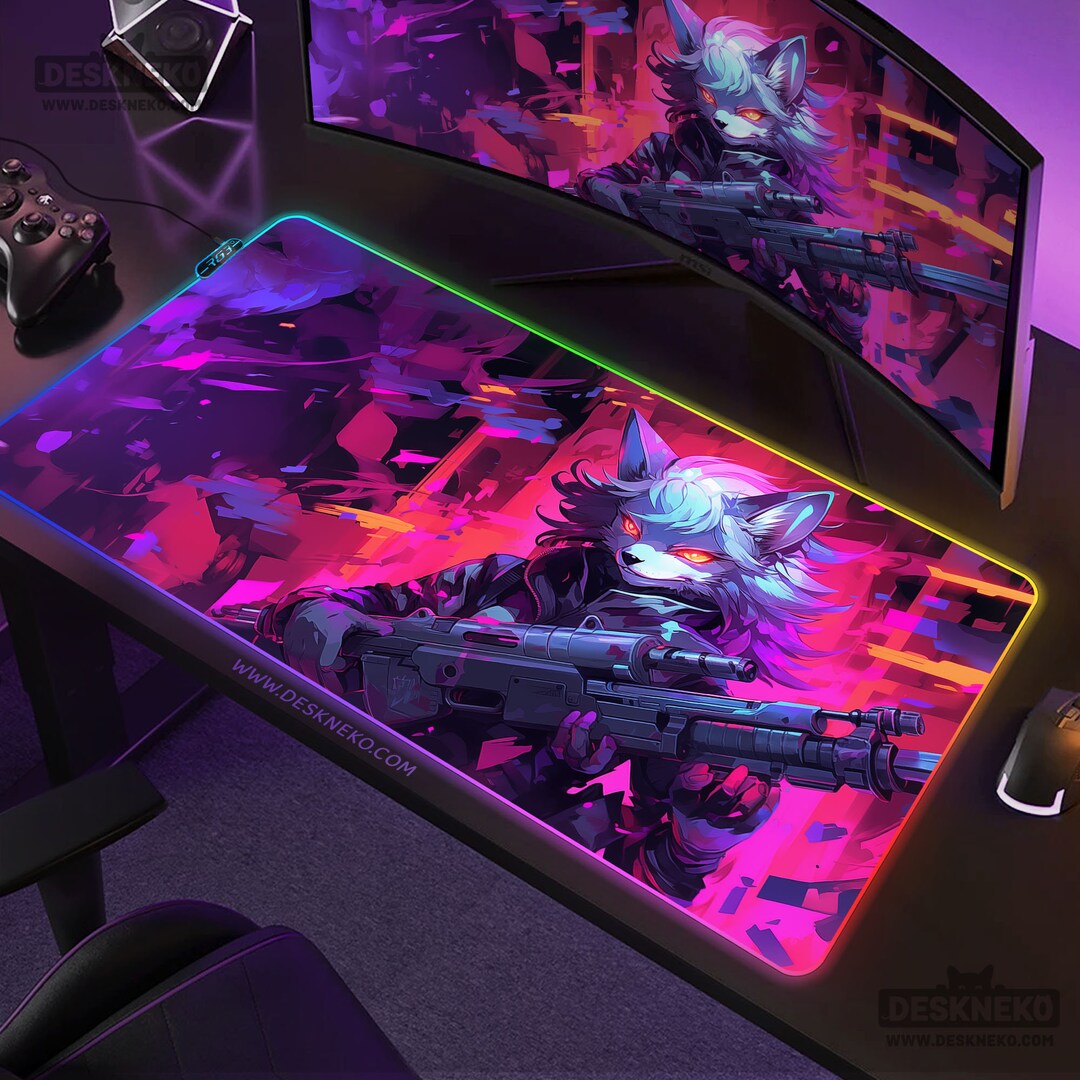 Gaming Mouse Pad LED: Extra Large Desk Mat RGB, Purple Anime Fox Wolf ...