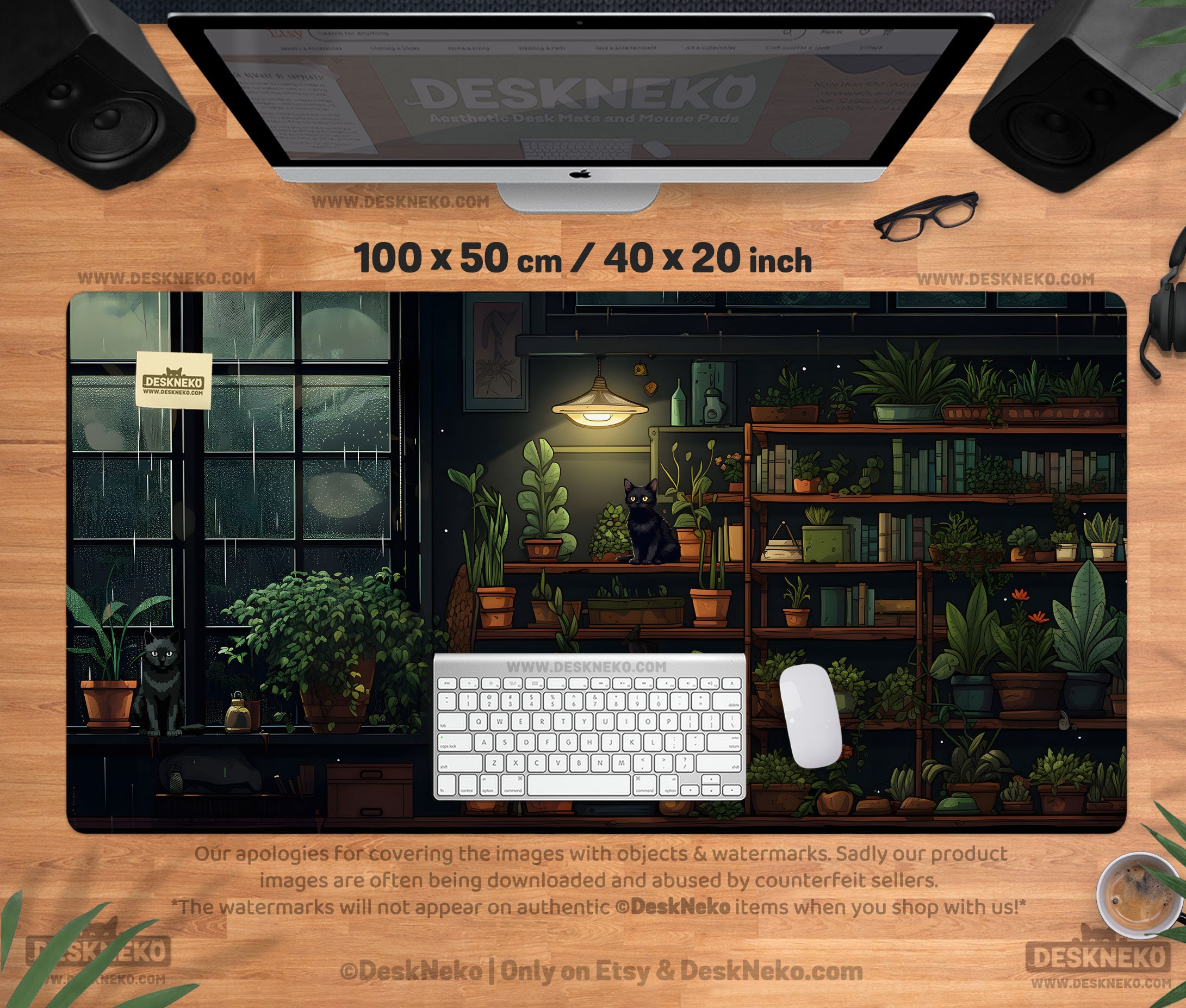 Cozy Desk Mat Mousepad, Large Mouse Pad Lofi Cat Aesthetic, Dark Green ...