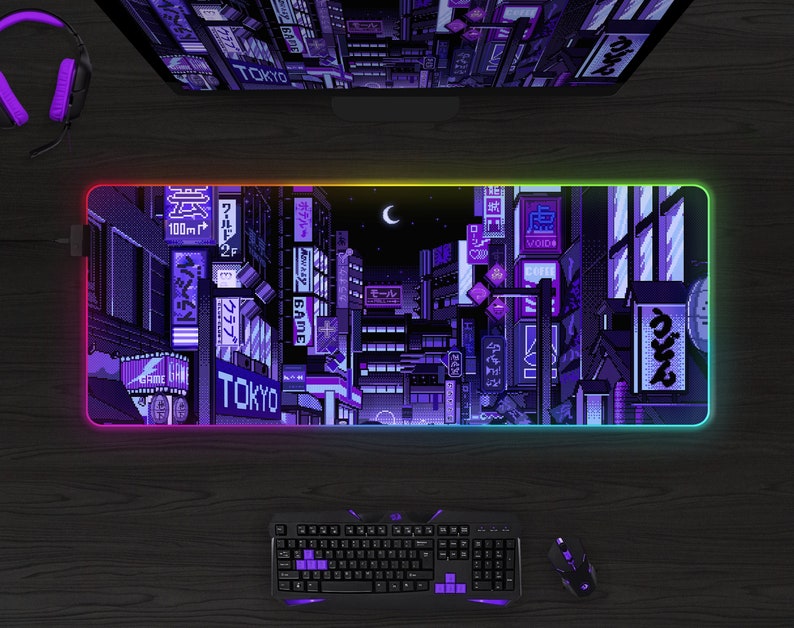 LED RGB Gaming Desk Mat Vaporwave Mousepad Cyberpunk Japanese - Etsy