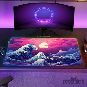 Great Wave Mouse Pad LED: Large Desk Mat RGB, Neon Purple Japanese ...