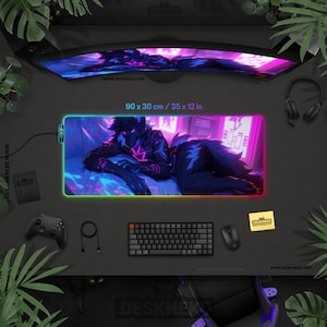 Furry Desk Mat, Large Mouse Pad LED: Gaming Deskmat RGB, Neon Dog Fox ...
