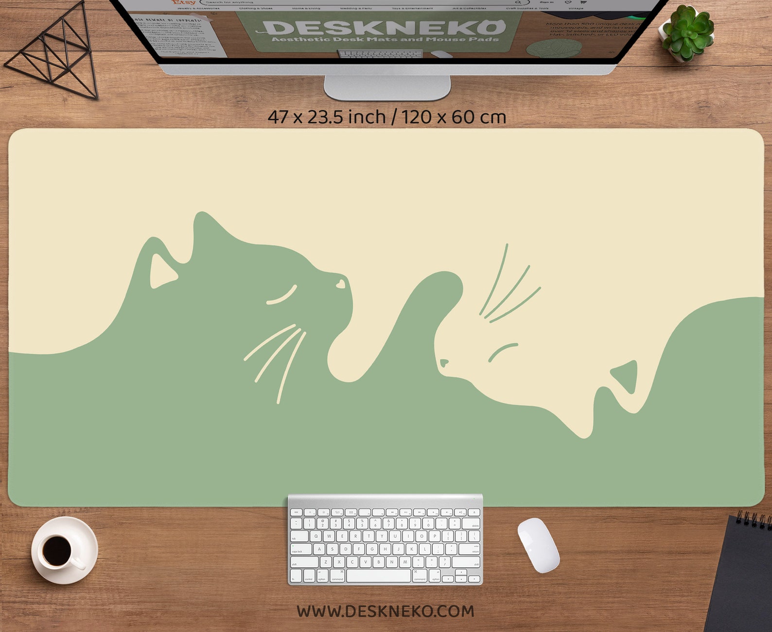Cute Cats Deskmat, Matcha Green Mousepad Minimalist, Kawaii Cat Sage ...