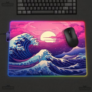 Great Wave Mouse Pad LED: Large Desk Mat RGB, Neon Purple Japanese ...