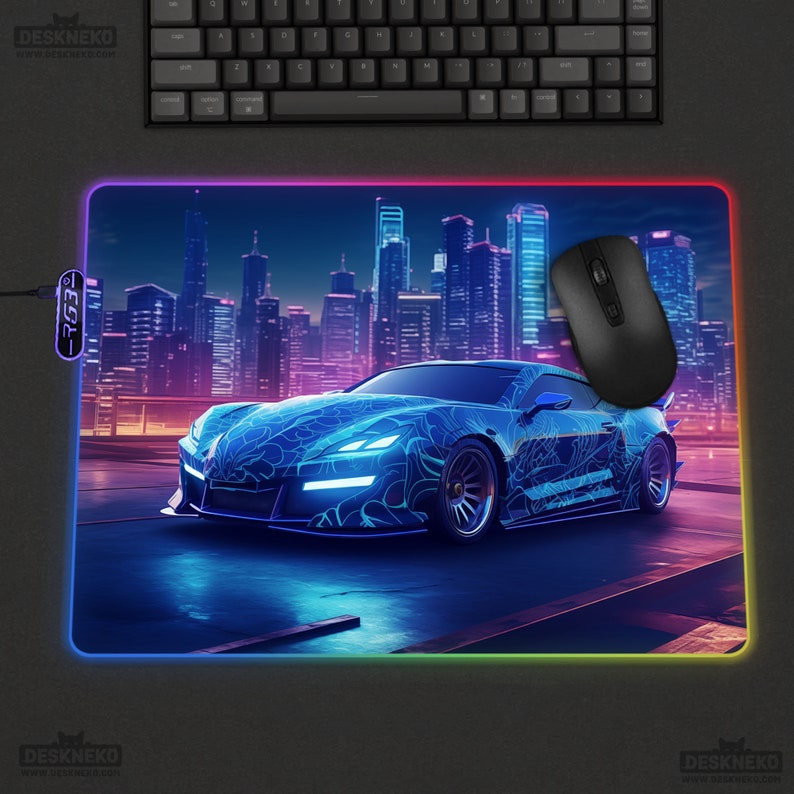 Race Car Mouse Pad LED: Gaming Desk Mat RGB, Neon Purple Cyberpunk ...