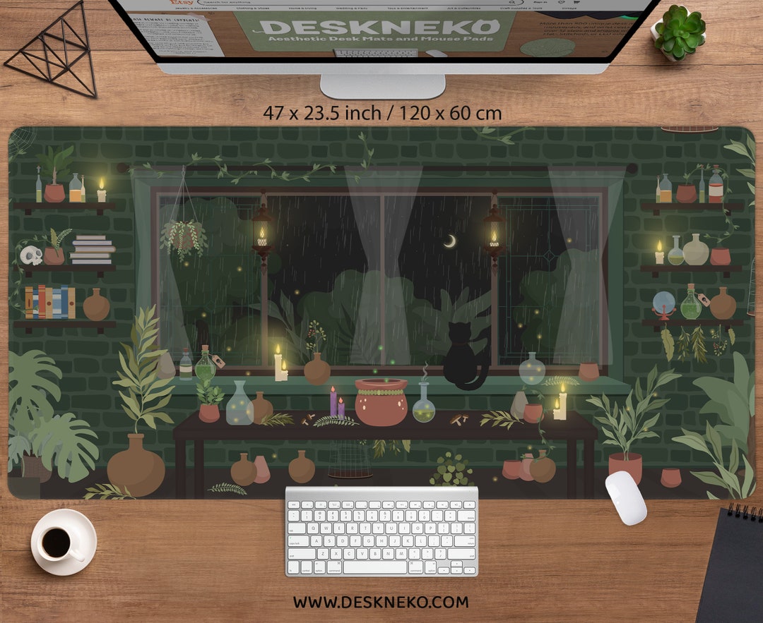 Witchy Desk Mat Green, Plants Mouse Pad, Cozy Rainy Night Moonlight ...