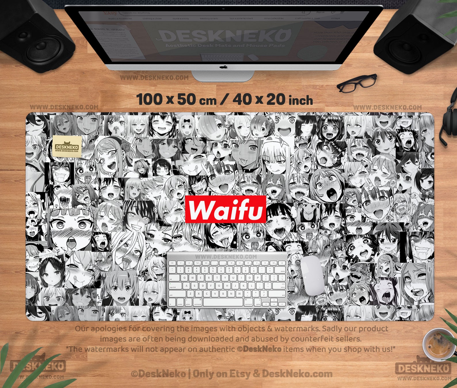 Waifu Desk Mat Ahegao, Anime Girl Mouse Pad Led, Black & White Mousepad ...