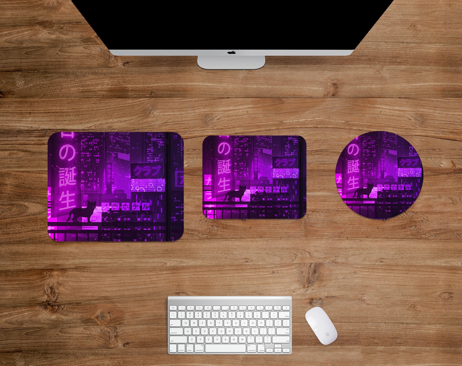 Neon Tokyo Desk Mat, City Skyline Mousepad, Purple Japanese Anime ...