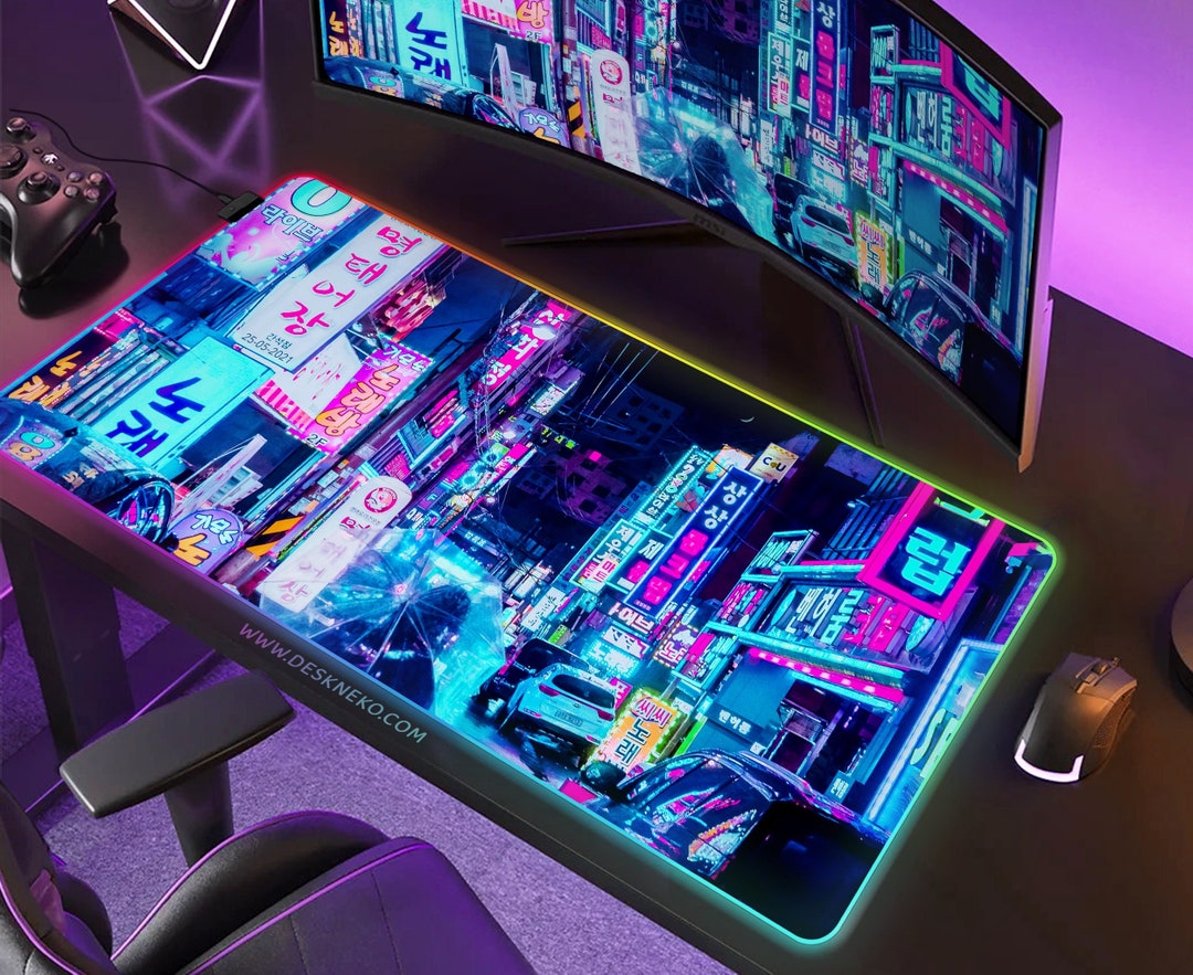 RGB Gaming Desk Mat Vaporwave City, Cyberpunk Mousepad, Tokyo Kyoto ...