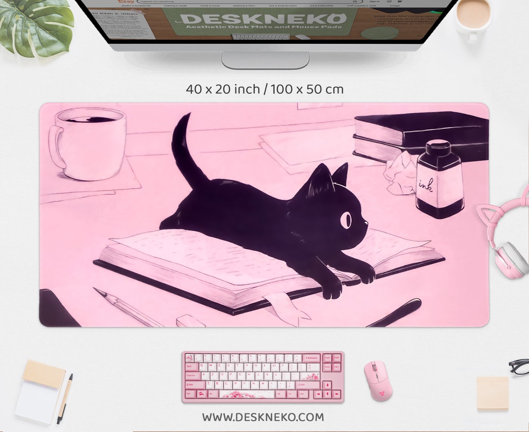 Pink Desk Mat Cute Cat, Aesthetic Mousepad Pastel, Kawaii Manga Anime ...