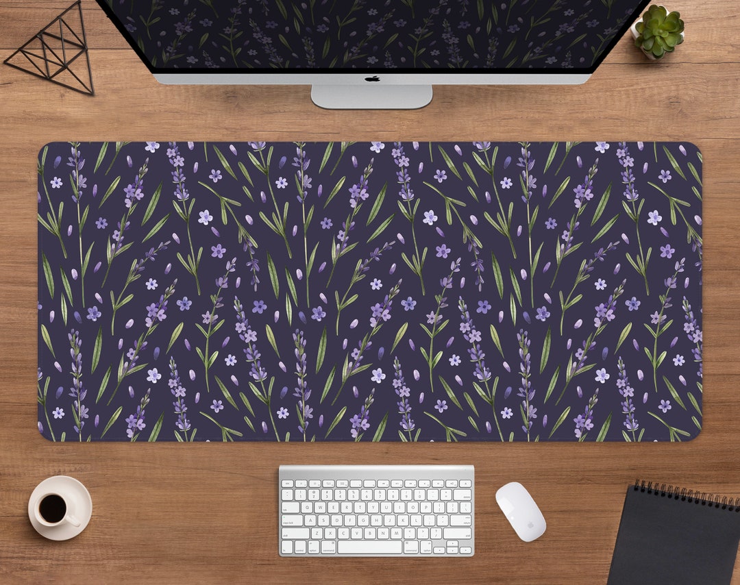 Lavender Desk Mat Dark Mousepad, Cute Violet Floral Pattern, Boho ...