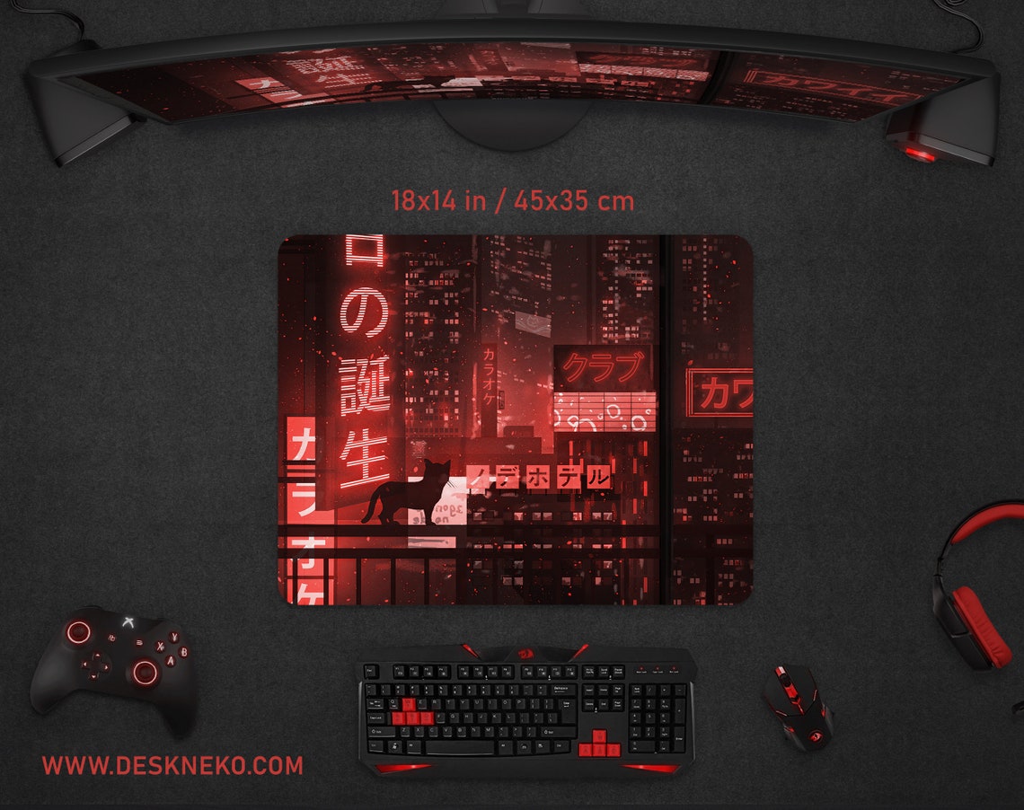 Red Gaming Mousepad Desk Mat, Neon Tokyo Street Japanese City, XXL ...