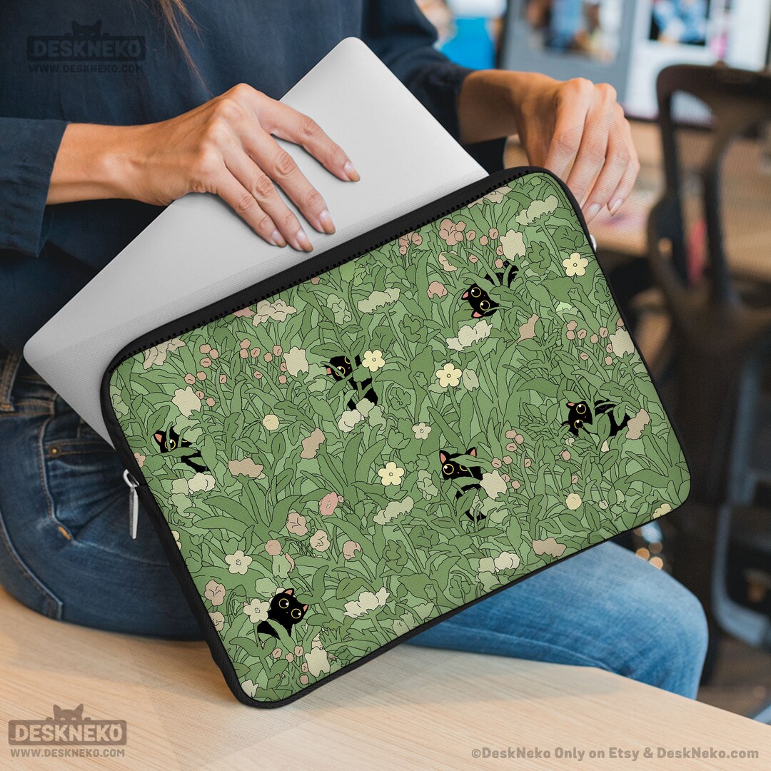 Cute Cats Laptop Sleeve, Kawaii Green Laptop Bag, Shoulder Tote With ...