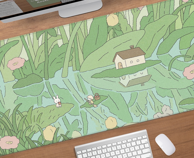 Cute Desk Mat Kawaii, Green Mousepad Aesthetic, Japanese Plants Lily ...