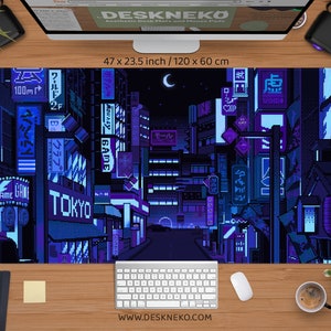 Gaming Desk Mat Blue, Large Mouse Pad Rgb, Vaporwave Tokyo City Street ...