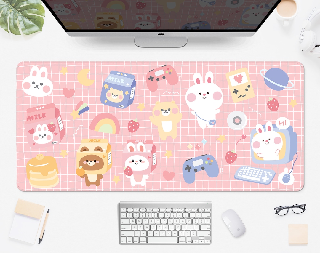 Kawaii Desk Mat Cute Mousepad, Bunny and Bear Strawberry Milk, Xxl ...