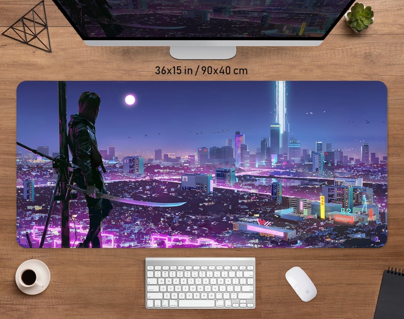 Vaporwave Gaming Desk Mat Cyberpunk City Mousepad Xxl Neon - Etsy