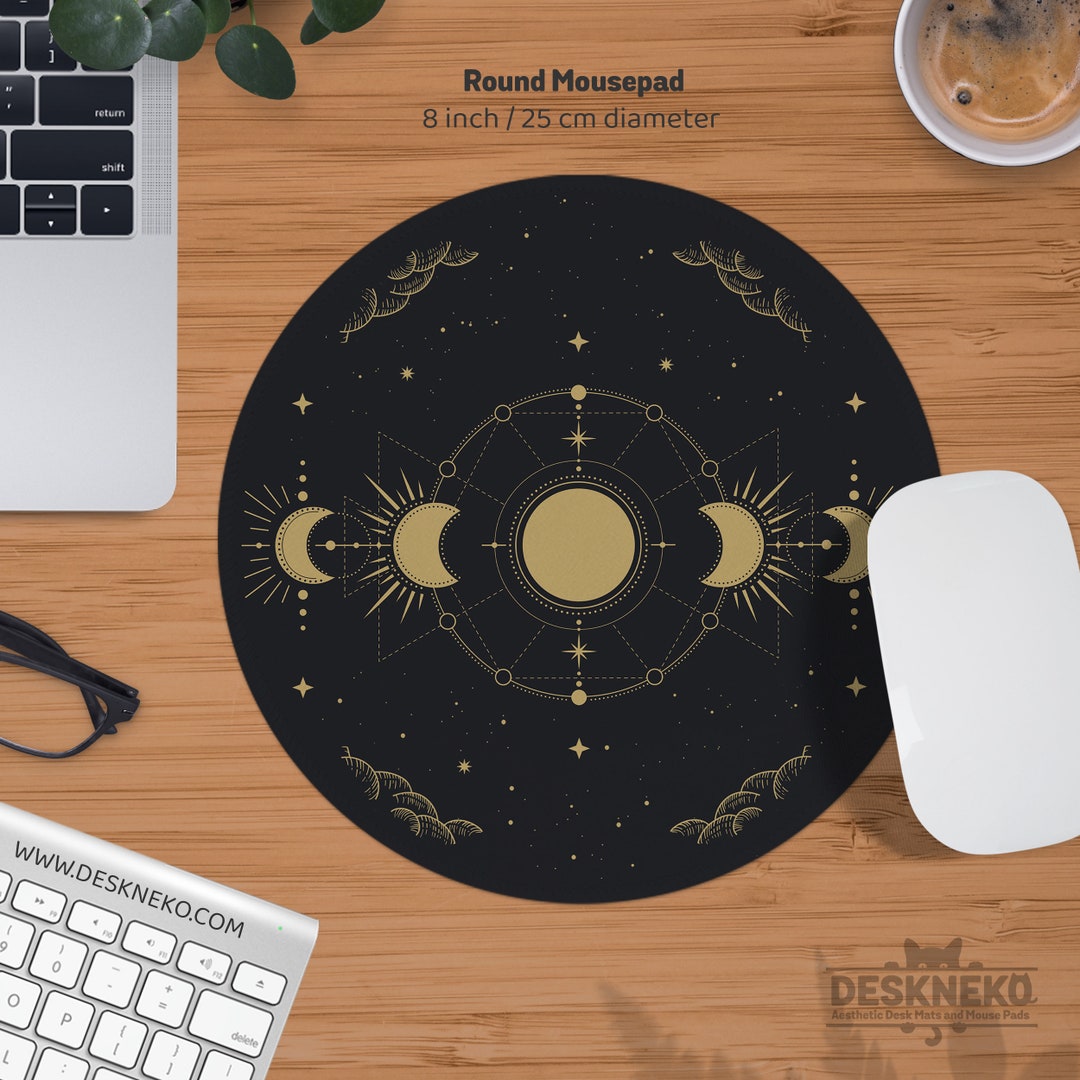 Moon Mousepad, Lunar Phases Mouse Pad, Black and Gold Celestial Cycle ...