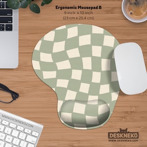 Checkered Mouse Pad With Wrist Rest, Green Groovy Boho Sage Beige ...