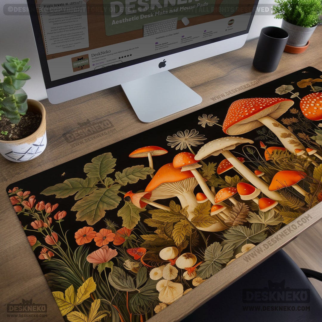 Mushroom Desk Mat, Cottagecore Mouse Pad, Green Nature Forest Art ...