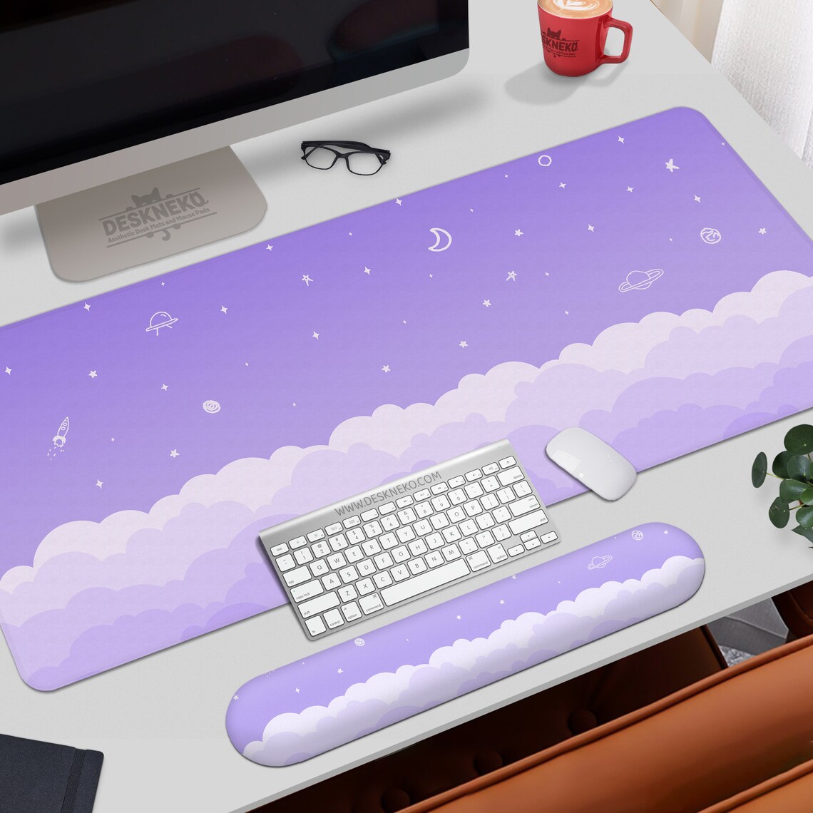 Cute Clouds Desk Mat Purple, Large Mousepad Kawaii, Pastel Aesthetic ...