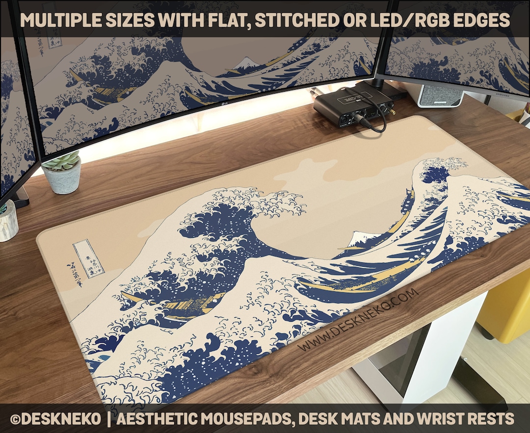 Japanese Wave Desk Mat Mousepad, Original Hokusai Woodblock Great ...