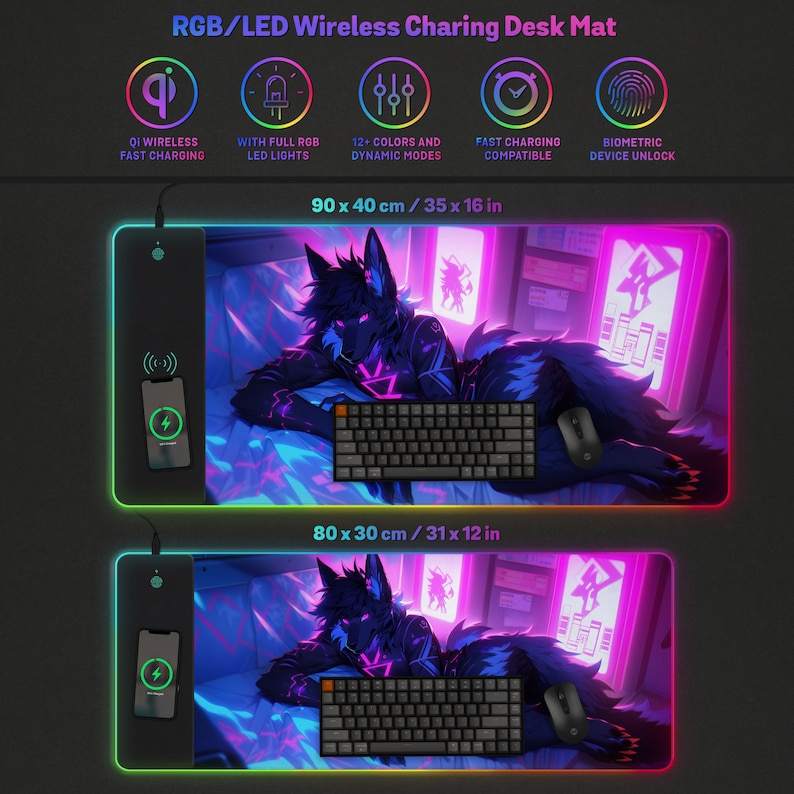 Furry Desk Mat, Large Mouse Pad LED: Gaming Deskmat RGB, Neon Dog Fox ...