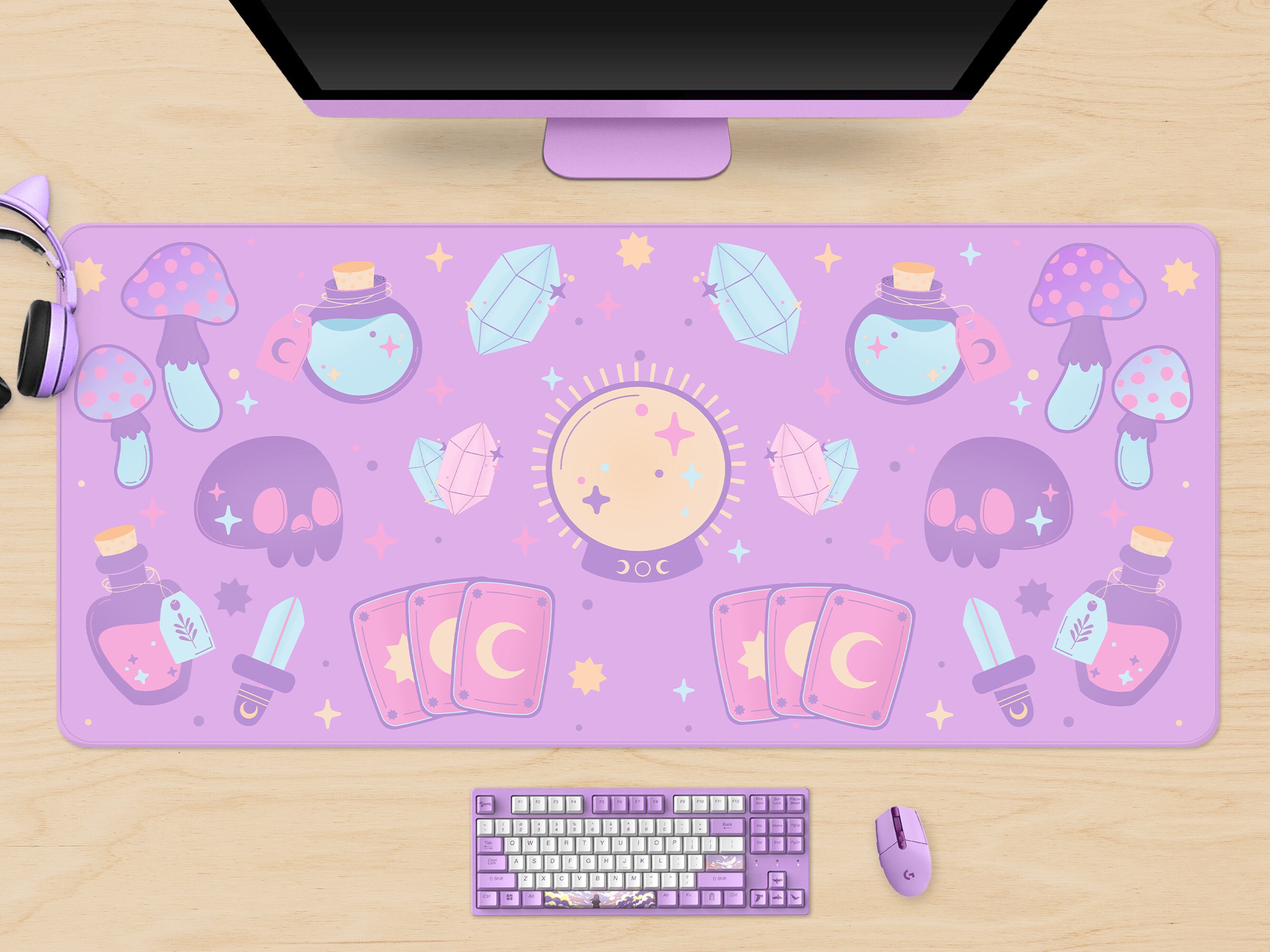 Pastel Goth Desk Mat Kawaii, Cute Witch Mousepad Purple, Pastel Lilac ...