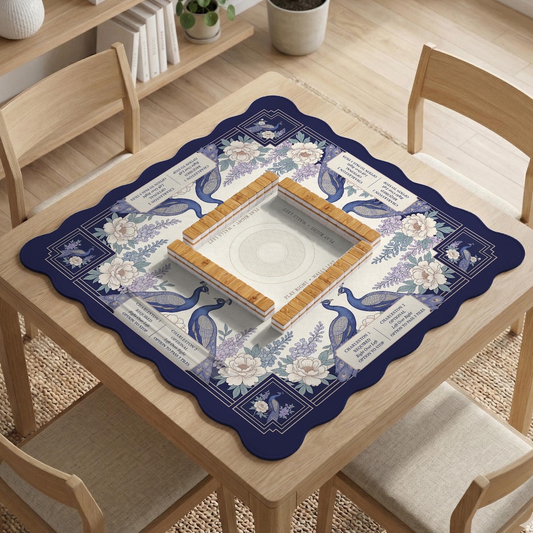 Chinoiserie Mahjong Mat With Rules, Blue Peacock Floral American ...