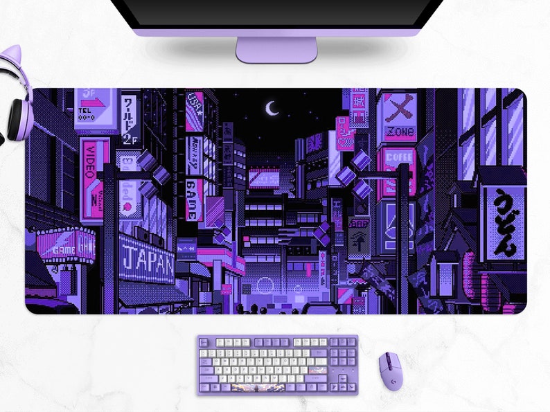 Cyan Vaporwave Mousepad, Neon Tokyo Street Desk Mat, 8bit Pixel Art ...