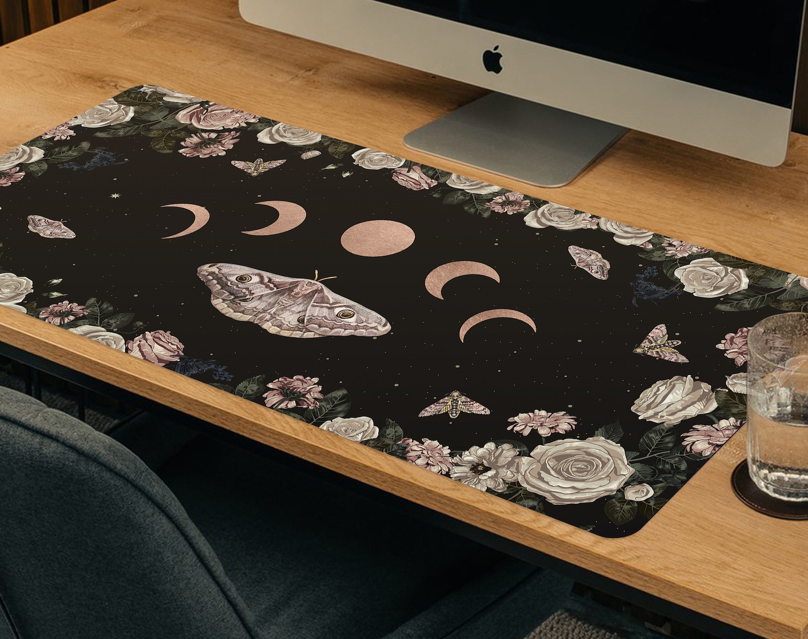 Moon Phases Desk Mat Black, Cottagecore Pale White Roses and ...