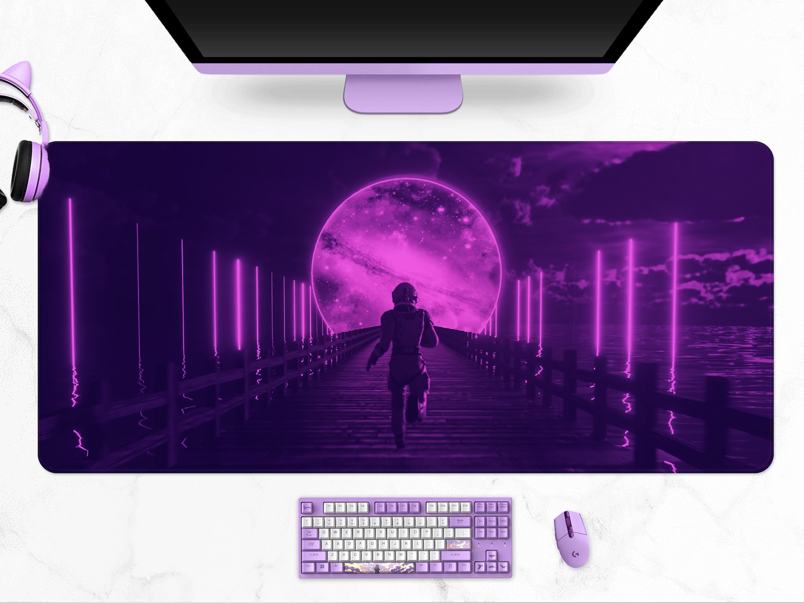 Purple Gaming Desk Mat Xl Neon Tokyo Mousepad Futuristic - Etsy