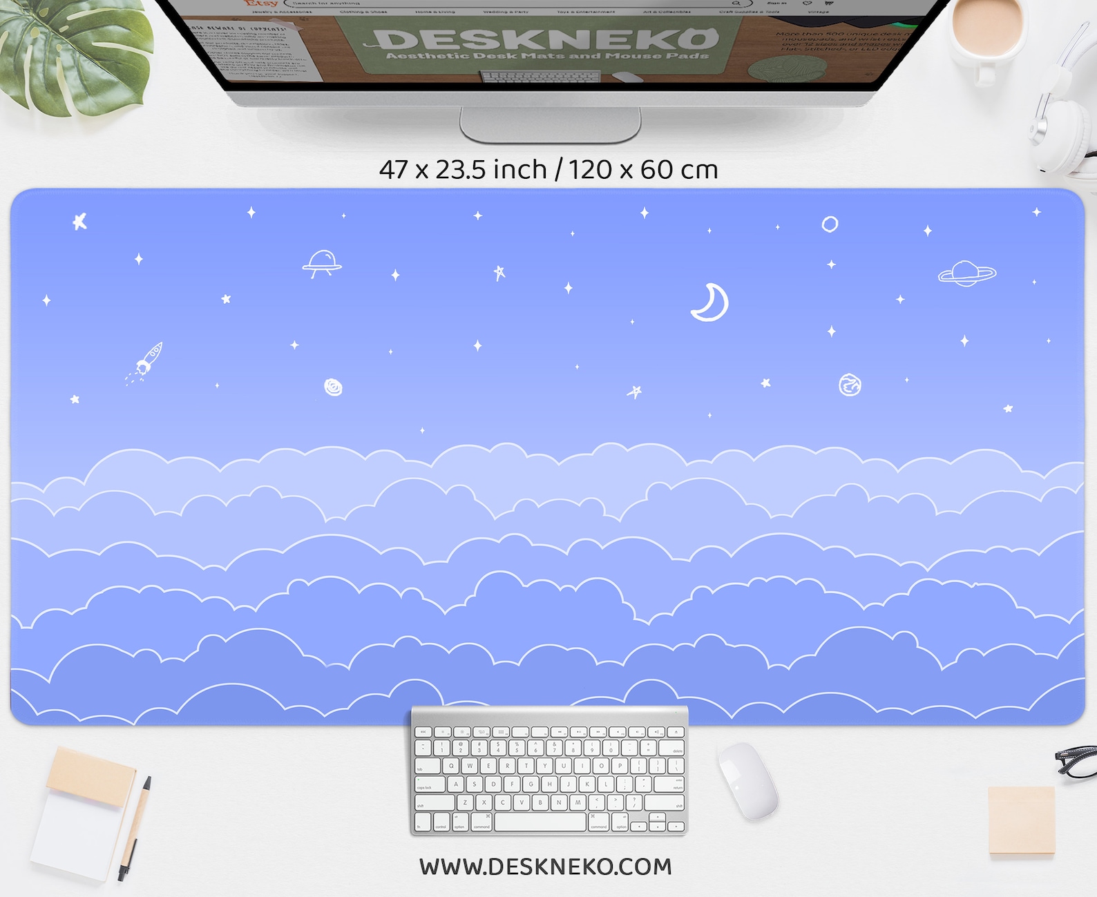 Blue Desk Mat Kawaii Cute Mouse Pad Aesthetic Light Blue - Etsy