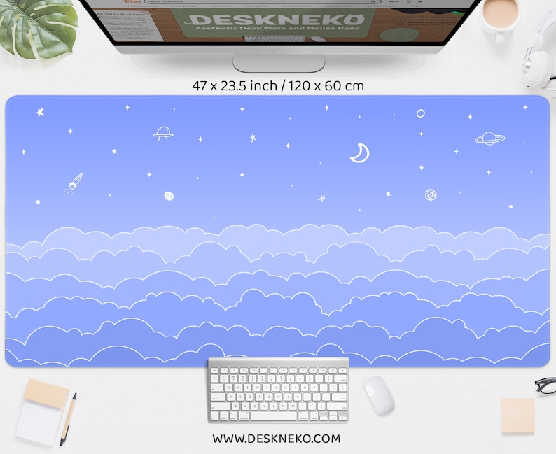 Blue Desk Mat Kawaii, Cute Mouse Pad Aesthetic, Light Blue Pastel Cloud ...