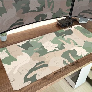 Cute Cats Desk Mat Large, Sage Green Mouse Pad Matcha, Beige off White ...