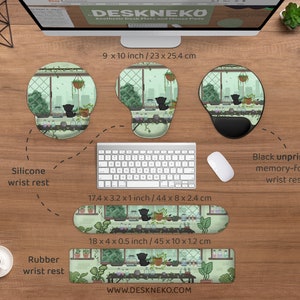 Cute Green Mousepad Aesthetic, Plants Desk Mat Kawaii, Lofi Black Cat ...