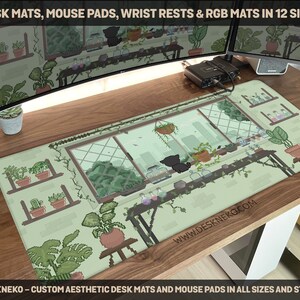 Cute Green Mousepad Aesthetic, Plants Desk Mat Kawaii, Lofi Black Cat ...