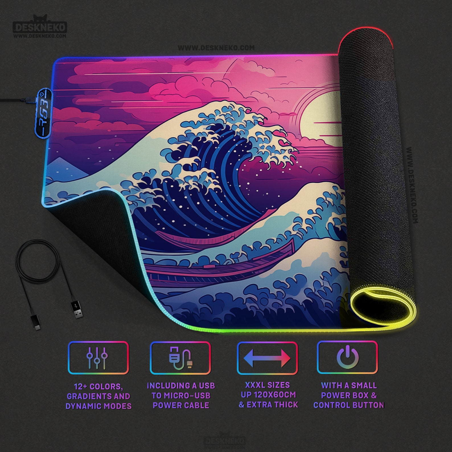 Great Wave Mouse Pad LED: Large Desk Mat RGB, Neon Purple Japanese ...