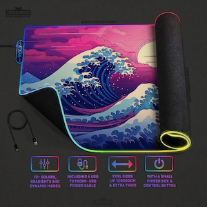 Great Wave Mouse Pad LED: Large Desk Mat RGB, Neon Purple Japanese ...