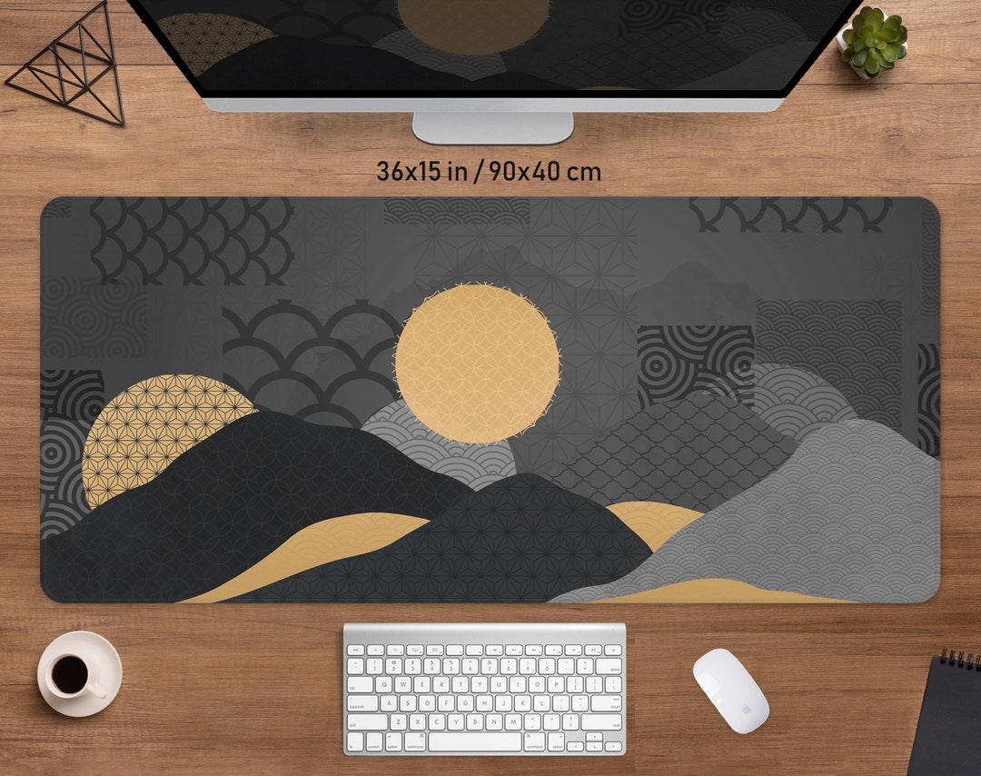 Black and Gold Desk Mat Mousepad, Japanese Mountains and Sunset ...